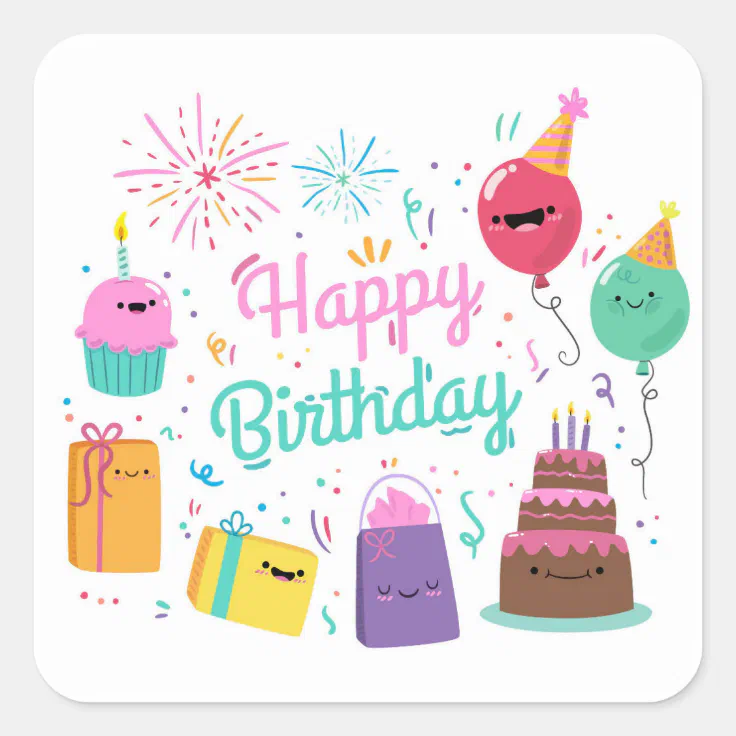 Smiling Happy Birthday Square Sticker | Zazzle