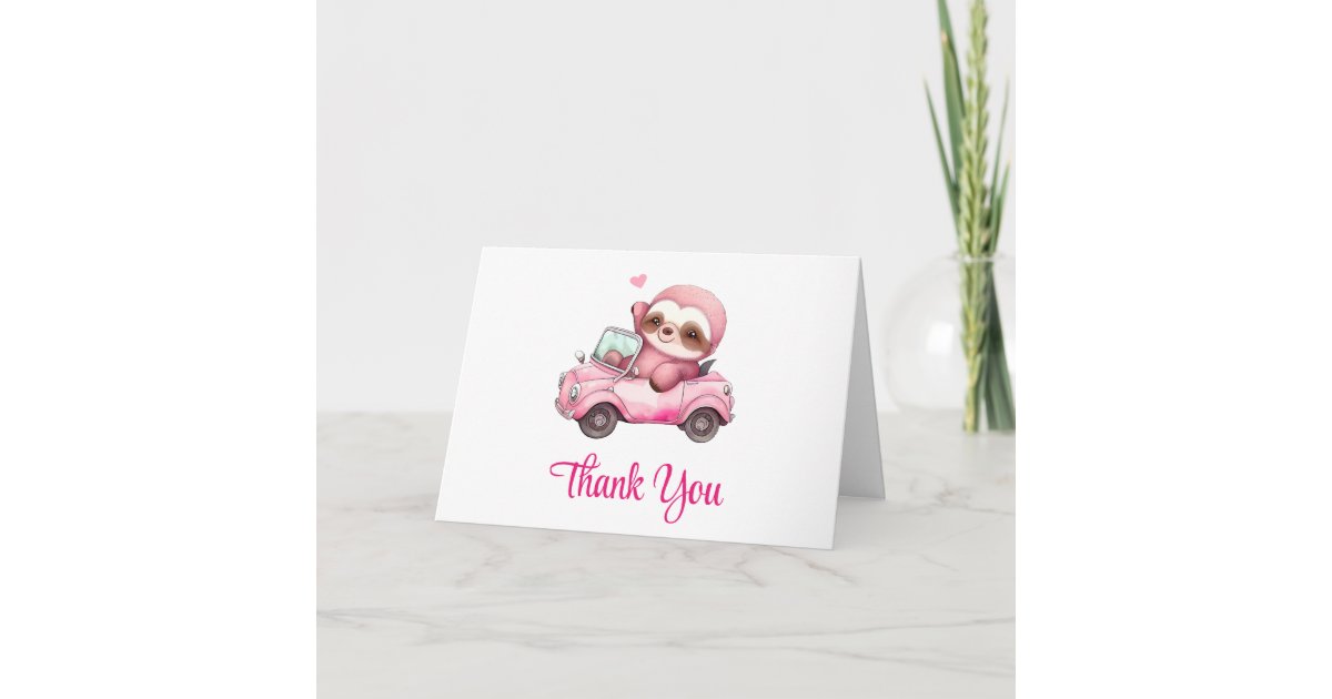 Smiling Pink Sloth Driving a Convertible Thank You Card | Zazzle