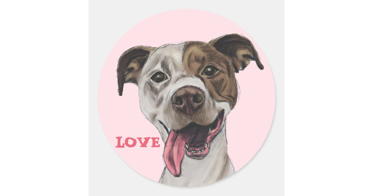 Smiling Pit Bull Terrier Dog Drawing LOVE Classic Round Sticker | Zazzle