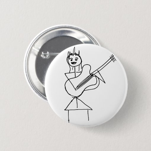 Smiling Stick Figure Girl holding bass / guitar Pinback Button | Zazzle