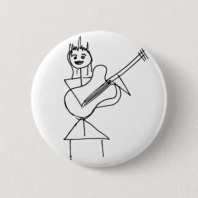 Smiling Stick Figure Girl holding bass / guitar Pinback Button | Zazzle