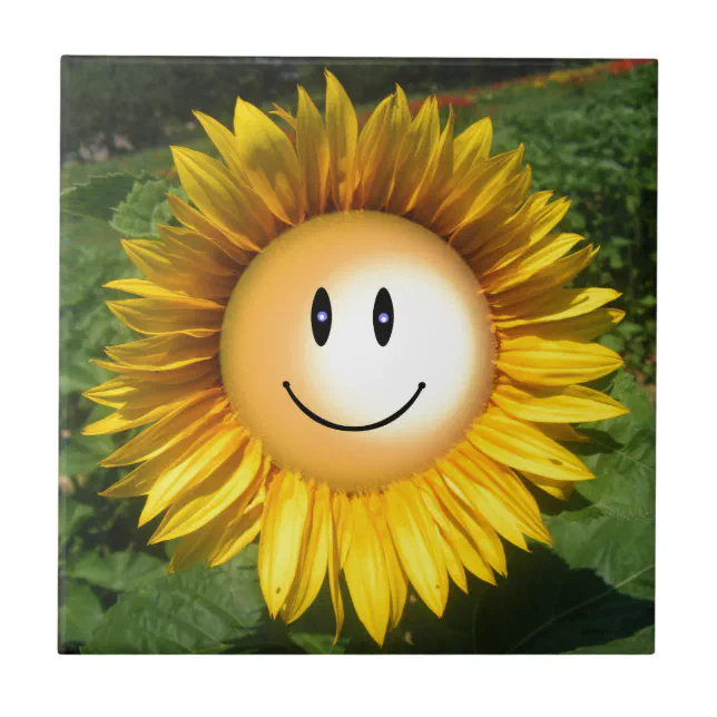 Smiling sunflower artistic illustration ceramic tile | Zazzle