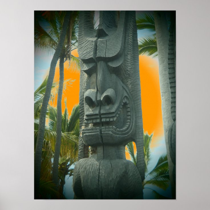 Smiling tiki statue tropical orange poster | Zazzle