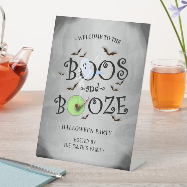 Smoky Grey Boos & Booze Halloween Party Pedestal Sign | Zazzle