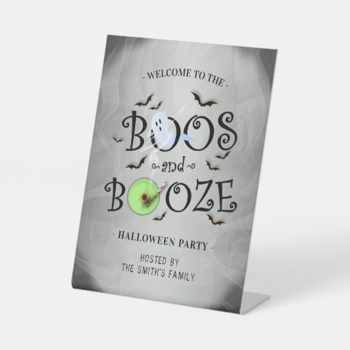 Smoky Grey Boos & Booze Halloween Party Pedestal Sign | Zazzle
