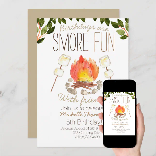 Smore campfire camping birthday invitation | Zazzle
