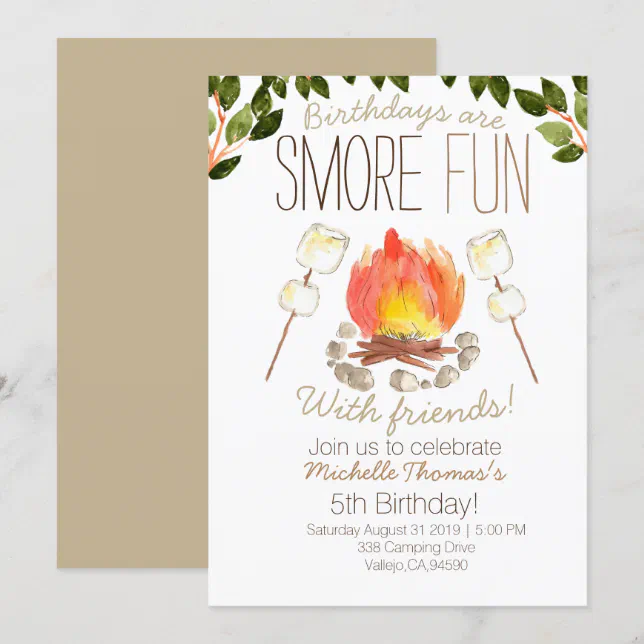 Smore campfire camping birthday invitation | Zazzle