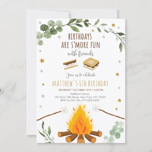 S'mores Campfire Greenery Birthday Invitation | Zazzle
