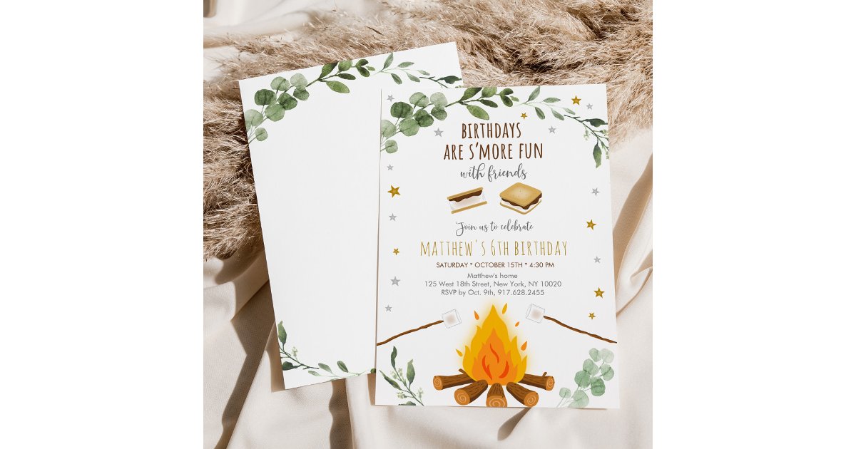 S'mores Campfire Greenery Birthday Invitation | Zazzle