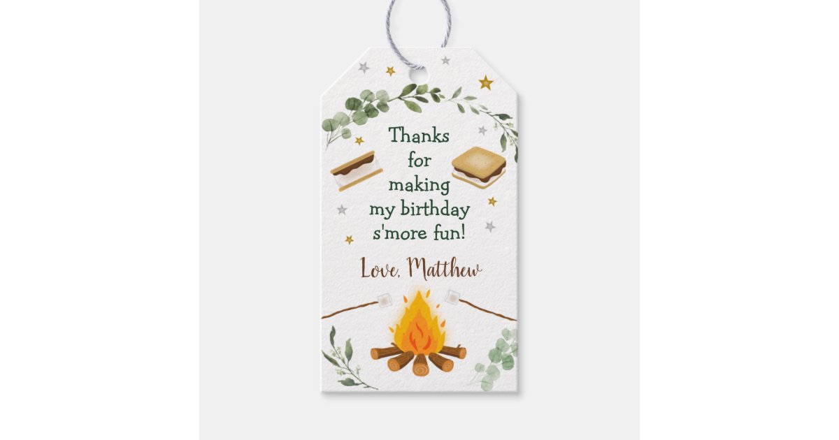 S'mores Camping Campfire Greenery Birthday Gift Tags | Zazzle