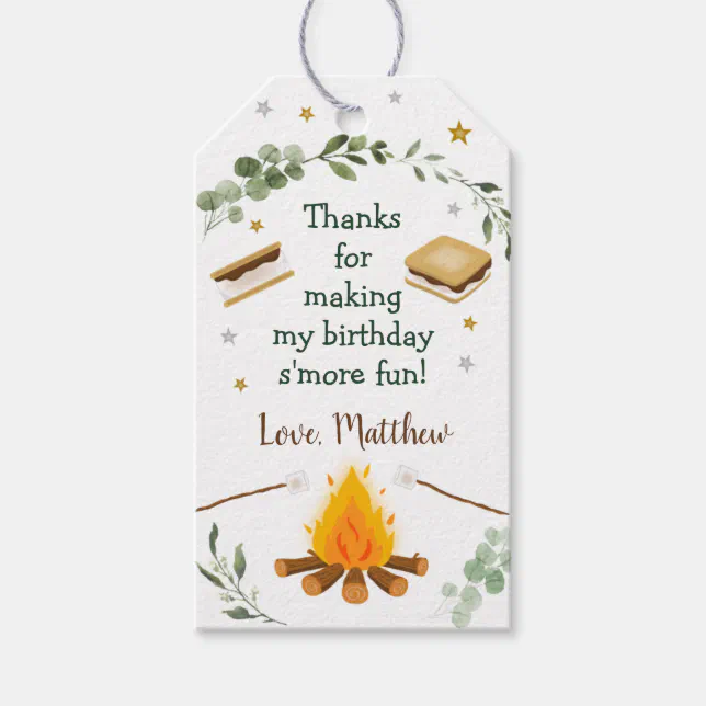 S'mores Camping Campfire Greenery Birthday Gift Tags | Zazzle
