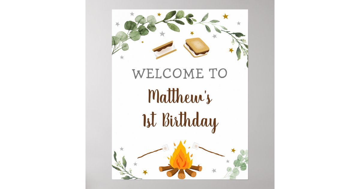 S'mores Camping Campfire Greenery Birthday Welcome Poster | Zazzle