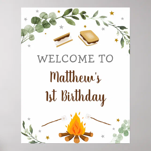 S'mores Camping Campfire Greenery Birthday Welcome Poster | Zazzle