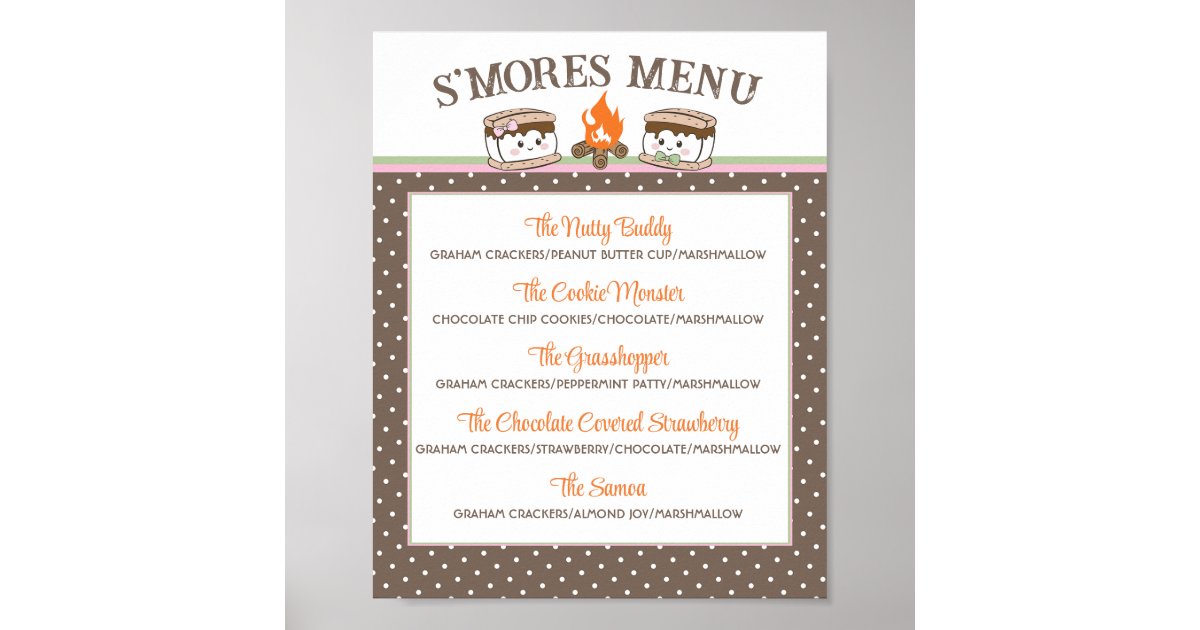 S'Mores gender reveal baby shower bonfire menu Poster | Zazzle