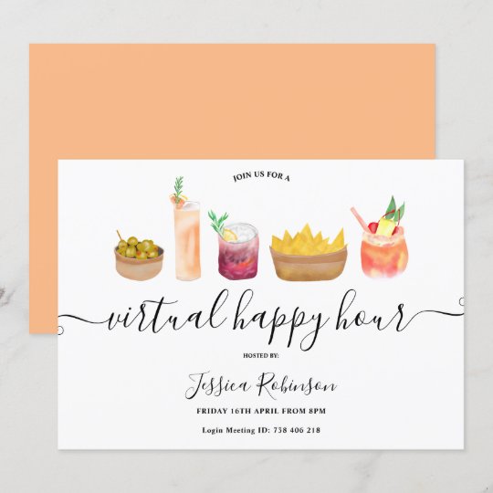 Snacks cocktails watercolor virtual happy hours invitation | Zazzle.com