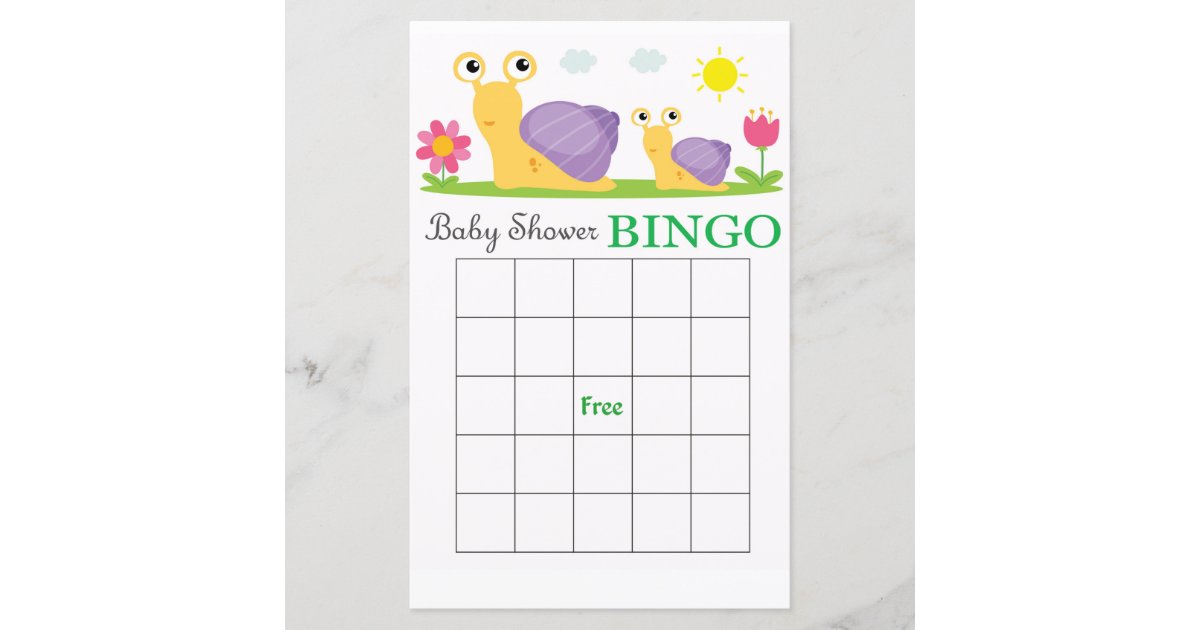 Snail baby shower bingo card | Zazzle