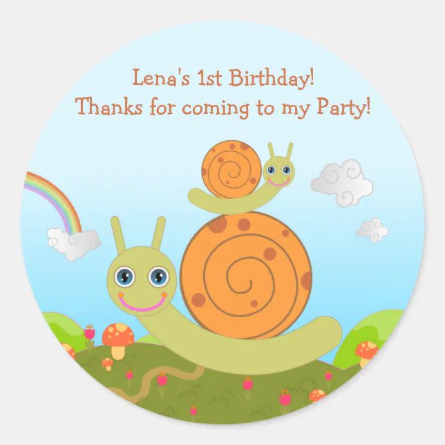 Snail Birthday Party thank you note Classic Round Sticker | Zazzle
