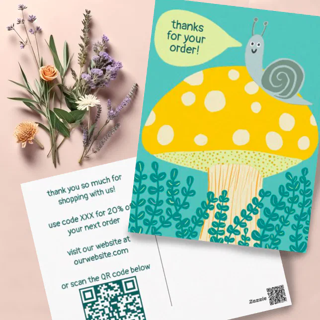Snail Magical Mushroom CUSTOM Order Thanks QR Postcard | Zazzle