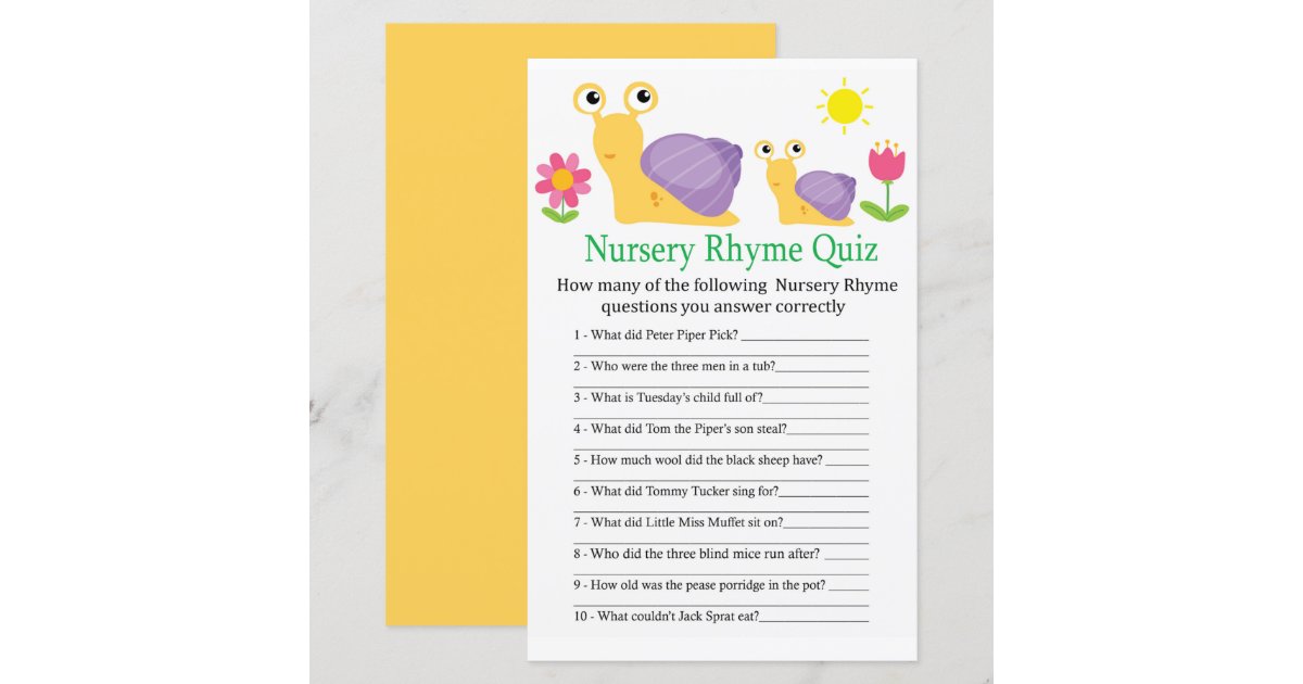 Snail Nursery Rhyme Quiz baby shower game | Zazzle