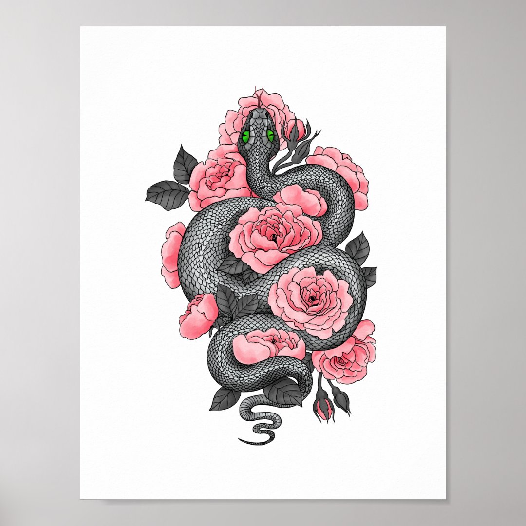 Snake and peach roses poster | Zazzle