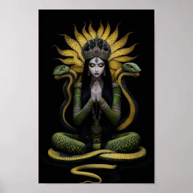 Snake Goddess Naga Kanya Queen Black Yellow Art Poster | Zazzle