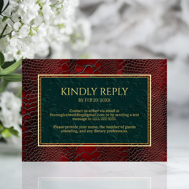 Snakeskin Leather Victorian Red Wedding RSVP Card | Zazzle