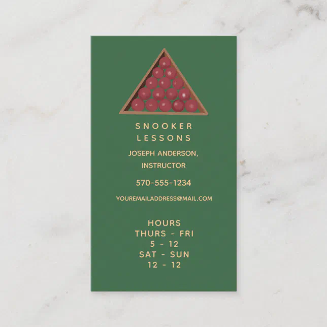 Snooker Lessons Business Card with Hours | Zazzle