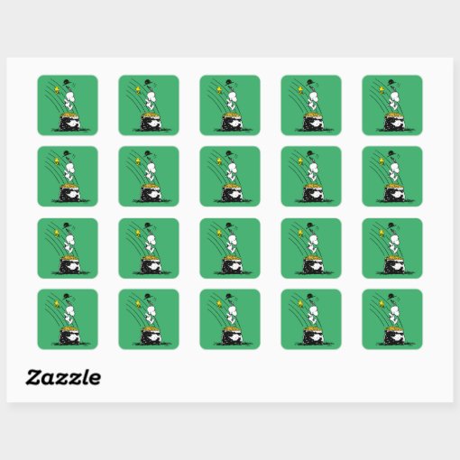 Snoopy Jumping into Pot of Gold Square Sticker | Zazzle