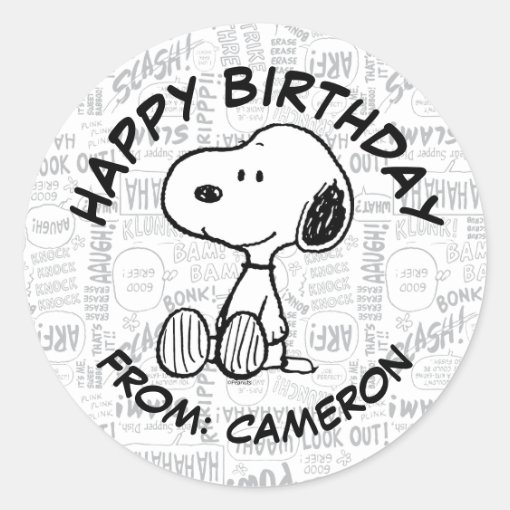 Snoopy on Black White Comics | Happy Birthday Classic Round Sticker ...