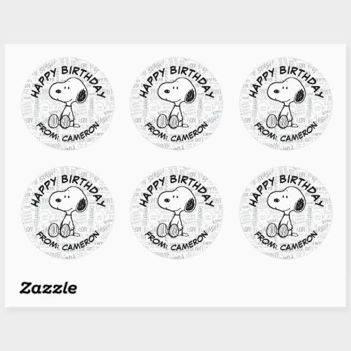 Snoopy on Black White Comics | Happy Birthday Classic Round Sticker ...