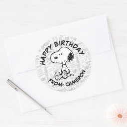 Snoopy on Black White Comics | Happy Birthday Classic Round Sticker ...