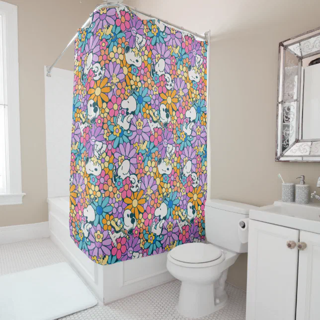 Snoopy & Woodstock Flower Pattern Shower Curtain | Zazzle
