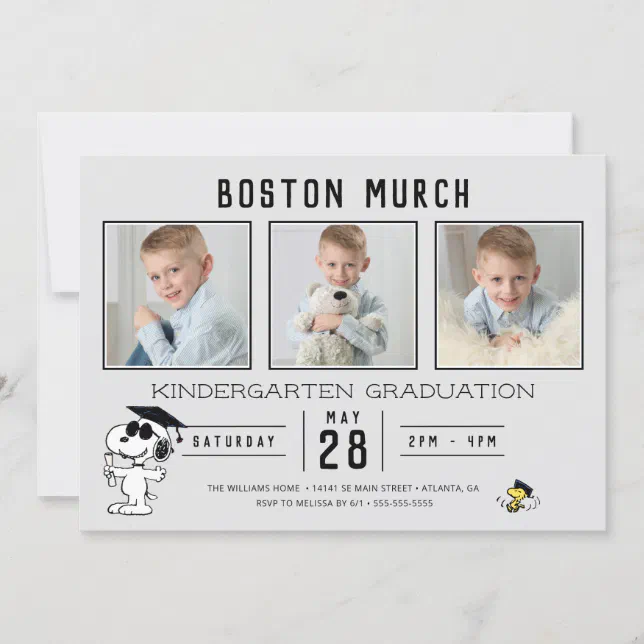 Snoopy & Woodstock Graduation with 3 Photos Invitation | Zazzle