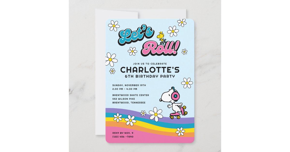 Snoopy & Woodstock - Groovy Roller Skate Birthday Invitation | Zazzle