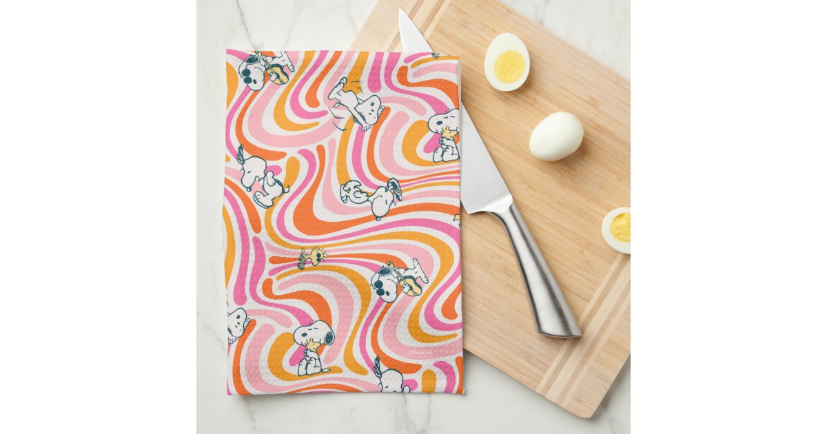 Snoopy & Woodstock Groovy Vibes Orange Pattern Kitchen Towel | Zazzle