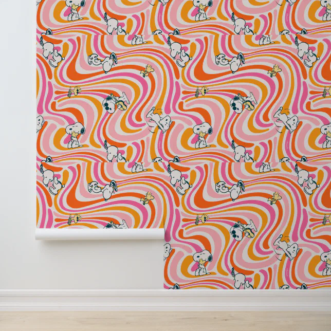 Snoopy & Woodstock Groovy Vibes Orange Pattern Wallpaper | Zazzle