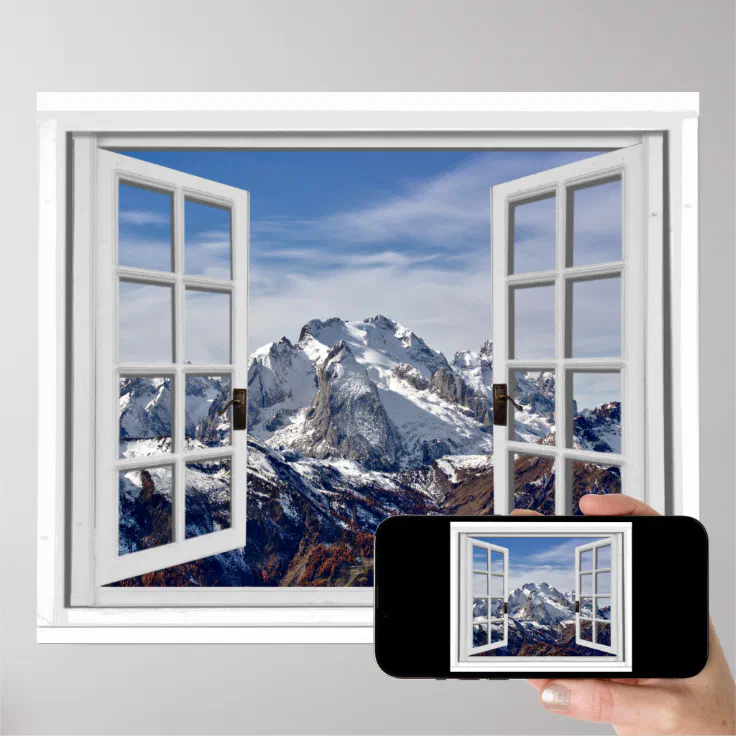 Snow Capped Mountain Peaks Fake Window Poster | Zazzle