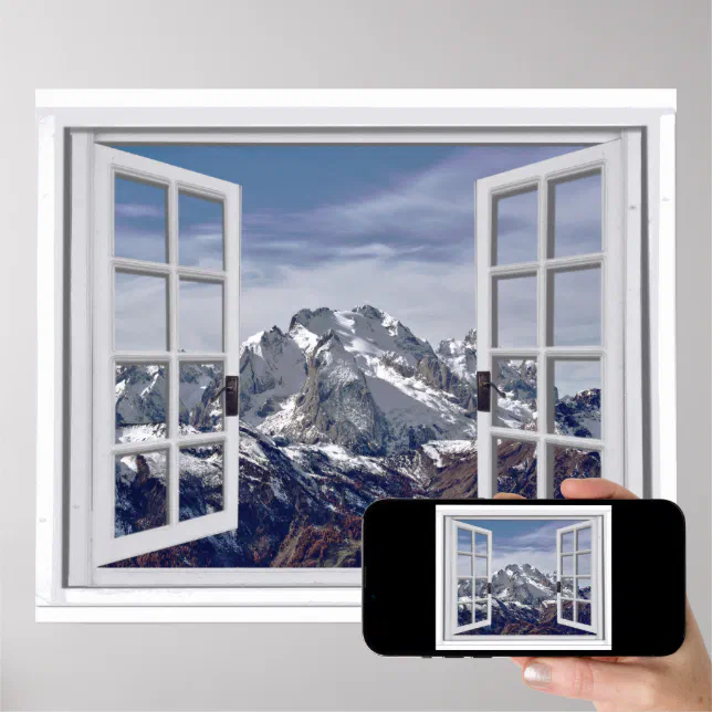 Snow Capped Mountain Peaks Faux Window Scene Poster | Zazzle