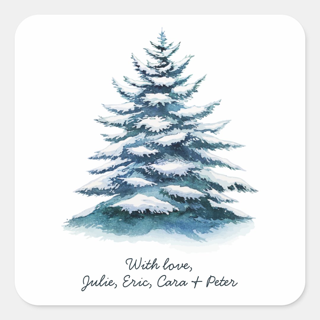 Snow Covered Christmas Tree Square Sticker | Zazzle