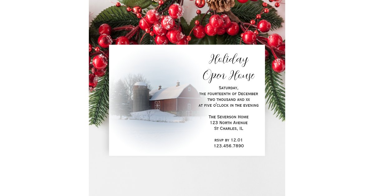Snow Covered Country Barn Holiday Open House Party Invitation | Zazzle