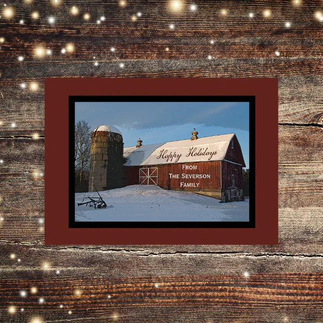 Snow Covered Red Barn Happy Holidays Christmas Holiday Card | Zazzle