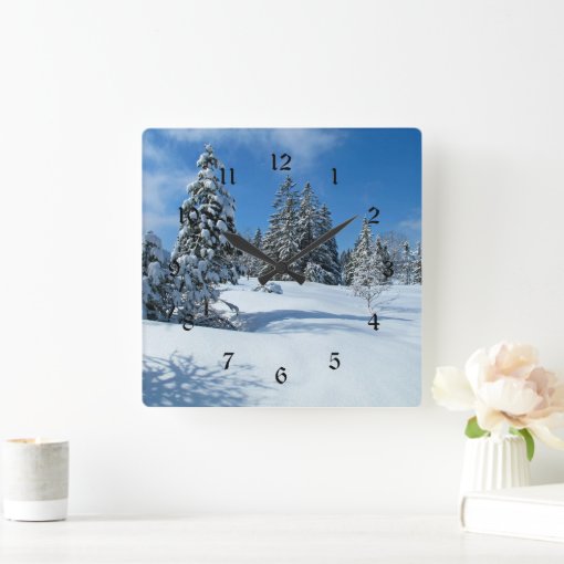 Snow-Covered Trees, Winter Scene Square Wall Clock | Zazzle