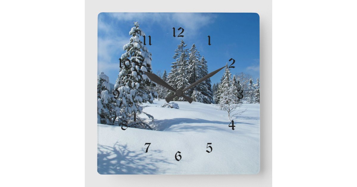 Snow-Covered Trees, Winter Scene Square Wall Clock | Zazzle