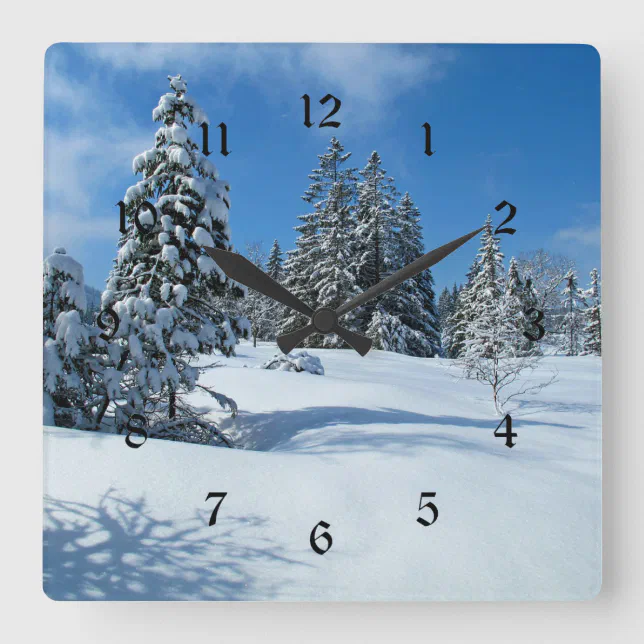 Snow-Covered Trees, Winter Scene Square Wall Clock | Zazzle