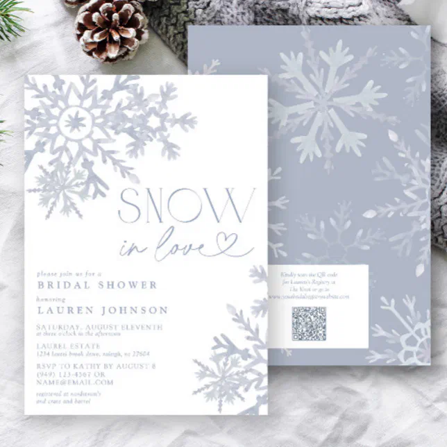 Snow in Love QR Snowflake Winter Bridal Shower Invitation | Zazzle