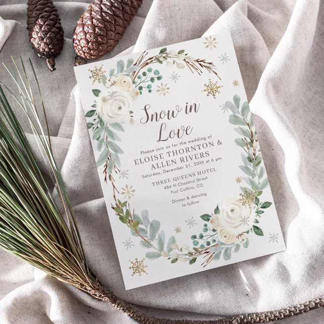 Snow In Love Winter Floral Wedding Invitation | Zazzle