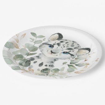 Snow Leopard Winter Onederland Arctic Greenery Paper Plates | Zazzle