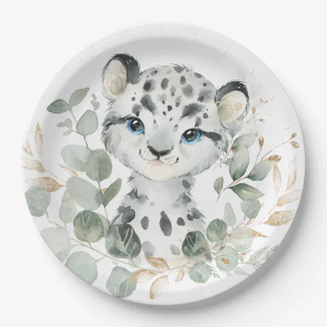 Snow Leopard Winter Onederland Arctic Greenery Paper Plates | Zazzle