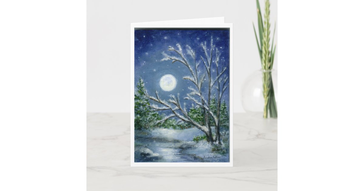 Snow Moon Winter Night Landscape Art Note Card | Zazzle