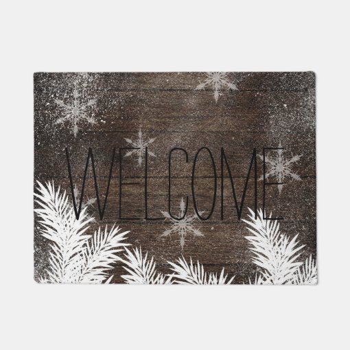 Snow pine trees brown rustic wood winter doormat | Zazzle